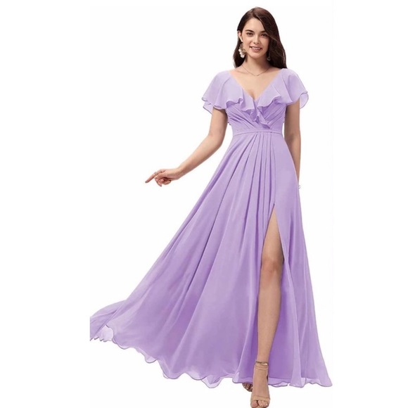 Dresses | Womens Lilac Ruffle Sleeves Bridesmaid Dresses Long Chiffon ...